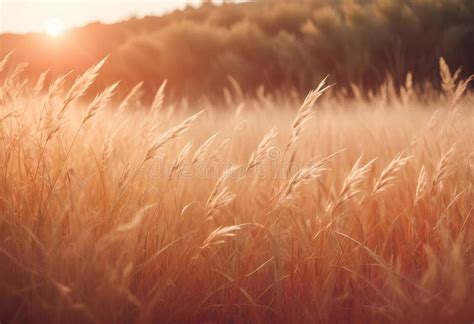 An Image Of A Field Of Tall Grass In The Golden Light Of Sunset The