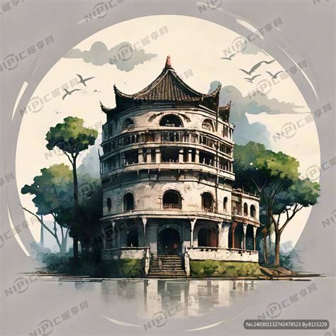 AI创作图广西梧州骑楼 手绘 突出骑楼标志性建筑 壮丽风光 山水祥云nipic 昵图网