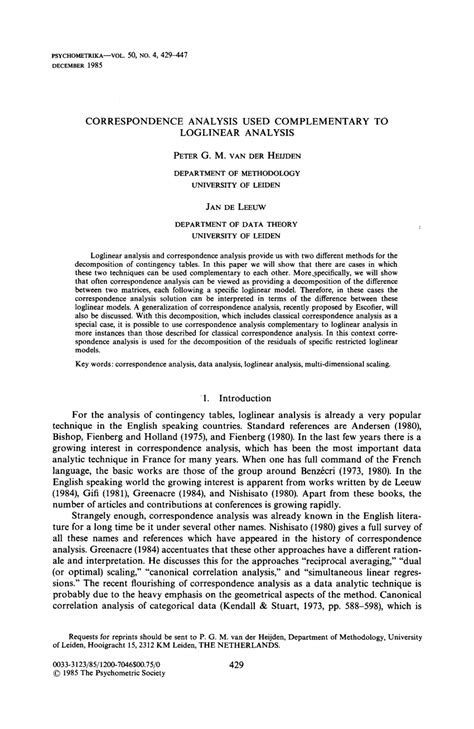 Pdf Correspondence Analysis Used Complementary To Loglinear Analysis