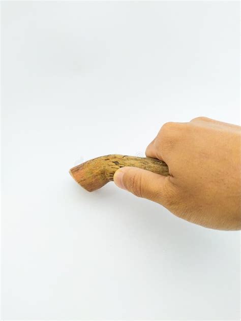 Una Mano De Hombre Sostiene Un Almirez De Madera Sobre Un Fondo Blanco Imagen De Archivo