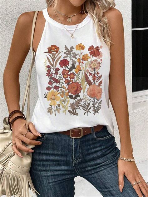 SHEIN LUNE Canotta Estiva Casual Da Donna Con Stampa Floreale E Collo A