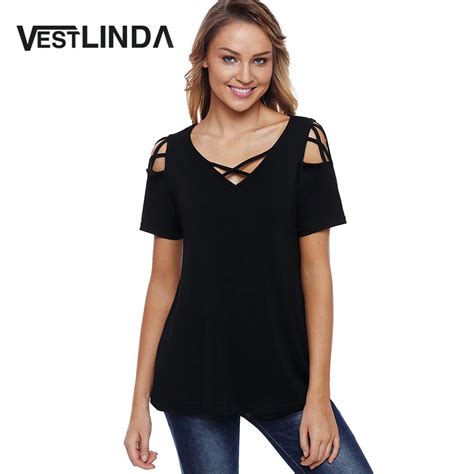 VESTLINDA Criss Cross Short Sleeve V Neck T Shirt Women Clothes Casual T Shirt Solid Color Black