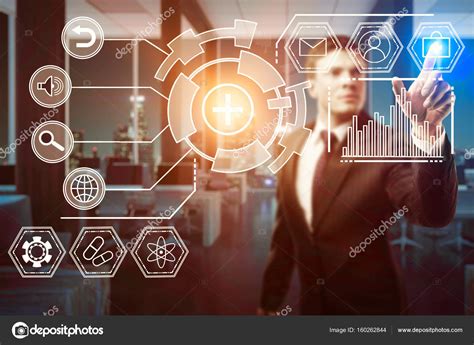 Blurry Businessman Pressing Digital Business Screen Buttons In Blurry