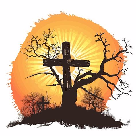 Premium Vector A Painting Of A Tree And A Cross In The Foreground
