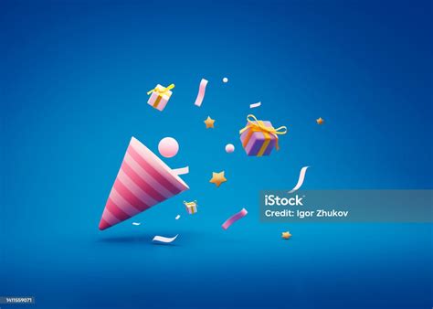 별 선물 금풍선 및 색종이가있는 축제 크래커 인사말 카드 초대장 또는 포스터를위한 홀리데이 페스티벌 디자인 3d 렌더링 그림 3차원 형태에 대한 스톡 사진 및 기타 이미지