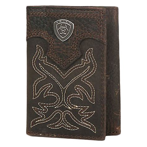 Mens Ariat Shield Tri Fold Brown Wallet Gebos