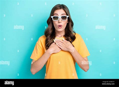 Photo Of Young Funny Excited Positive Good Mood Girl Touch Palms Chest