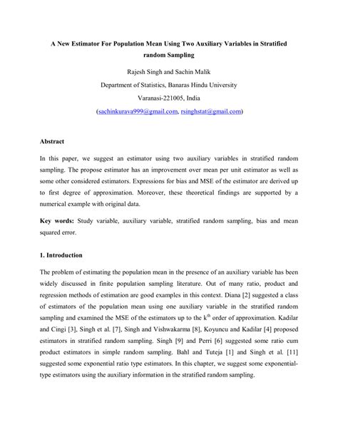 Pdf A New Estimator For Population Mean Using Two Auxiliary Variables In Stratified Random