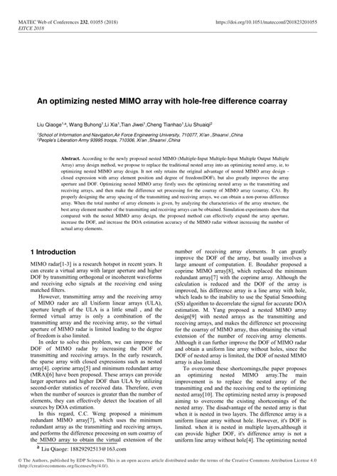 Pdf An Optimizing Nested Mimo Array With Hole Free Difference Coarray