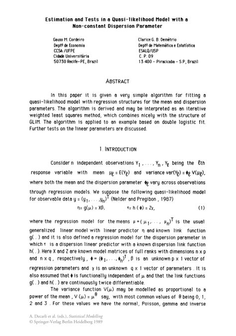 Pdf Estimation And Tests In A Quasi Likelihood Model With A Non