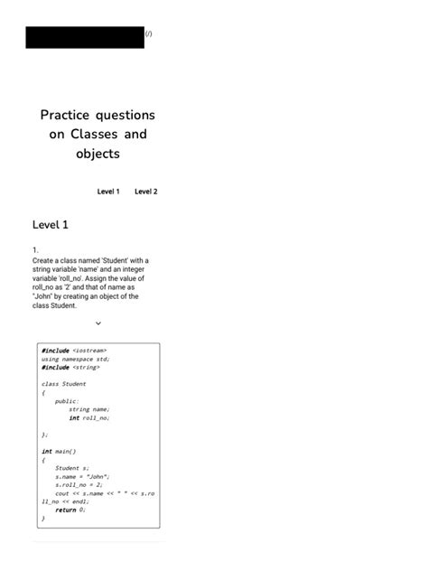 practice questions of cpp classes and objects pdf namespace