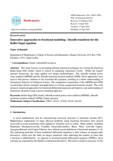 Pdf Innovative Approaches To Fractional Modeling Aboodh Transform For The Keller Segel Equation