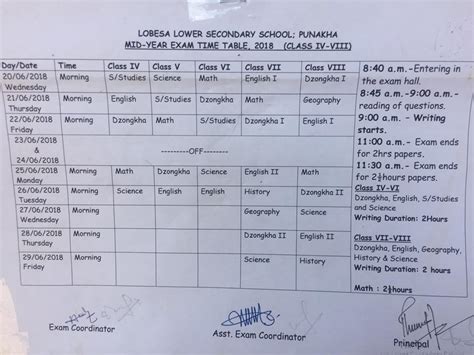 Mid Year Exam Time Table 2018 Lobesa Lower Secondary School