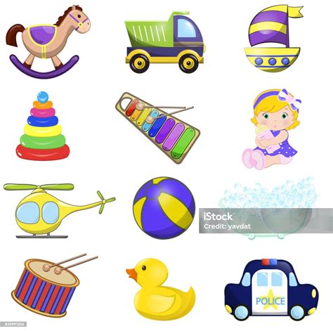 흰색 바탕에 장난감 컬렉션의 그림 장난감 말 공 무지개 실로 폰 피라미드 헬기 트럭 절연 벡터 일러스트 레이 션의 집합입니다