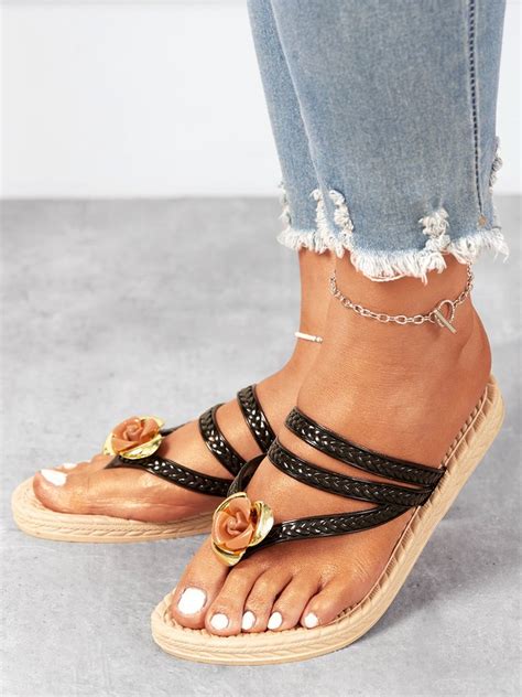 Vacation Floral Pattern Braided Strap Beach Flip Flops Zolucky