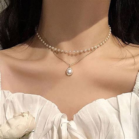 Double Layer Gold Pearl Multi Strand Necklace Set Silver Minimalist