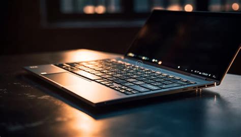 Modern Laptop On Desk In Illuminated Office Typing E Mails Generated