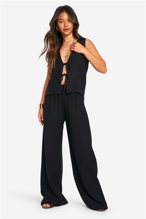 Linen Look Tie Front Top And Wide Leg Pants Boohoo Usa