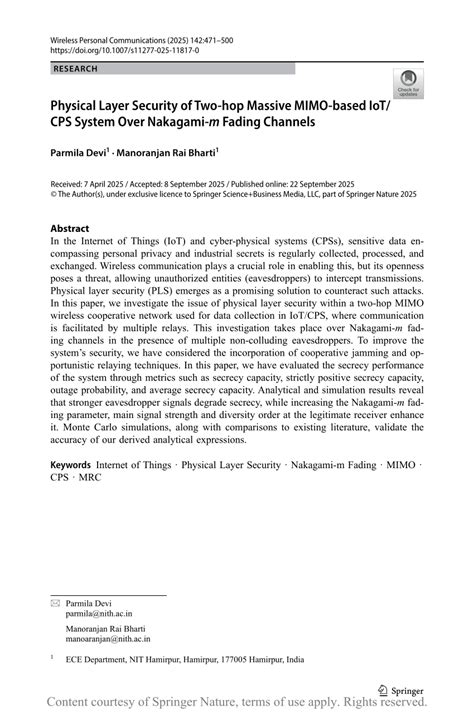 Physical Layer Security Of Two Hop Massive Mimo Based Iotcps System Over Nakagami M Fading