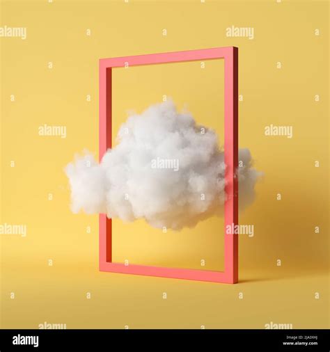 3d Render White Fluffy Cloud Flying Through The Rectangular Red Frame Minimal Room Interior