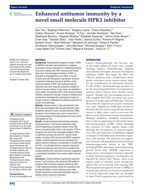 Pdf Enhanced Antitumor Immunity By A Novel Small Molecule Hpk1 Inhibitor