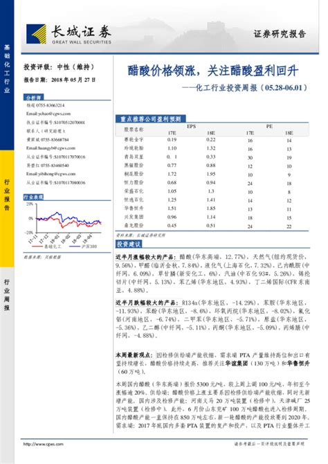 化工行业投资周报：醋酸价格领涨，关注醋酸盈利回升