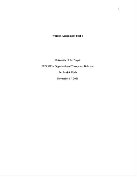 Written Assignment Unit 1 BUS 5113 Organizational Theory And