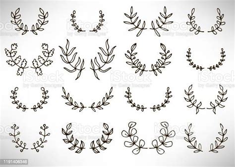 손으로 그린 나뭇가지와 잎의 검은 얇은 선 화환은 흰색 배경에 고립 플로럴 라운드 프레임 로렐 벡터 그림입니다 검은색에 대한