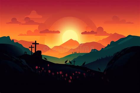 Vector Landscape On Religious Theme Easter Illustration With Mount