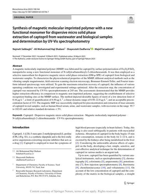 Synthesis Of Magnetic Molecular Imprinted Polymer With A New Functional Monomer For Dispersive