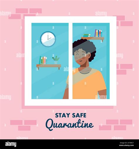 Stay Home Quarantine Or Self Isolation House Facade With Window And Man Look Out Of Home Stay