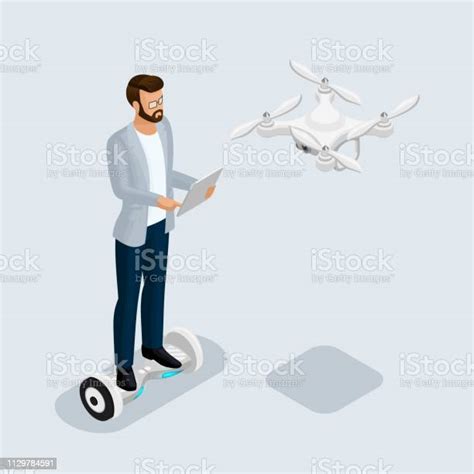 아이소메트릭 3d 사람 Quadrocopter 게임 Sevremennaya 일찍 사업가 무인 비행기 Gyroscooter 드라이브 단위입니다 에 밝은 배경 벡터 일러스트