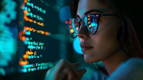 Women In Glasses Reading Html Scripts Programming And Cyber Security Research Plus Data