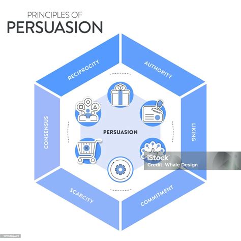 설득 프레임워크의 원칙 다이어그램 차트 아이콘 벡터가 있는 인포그래픽 배너에는 Recprocity Authority Likeing Commitment Scarcity 및