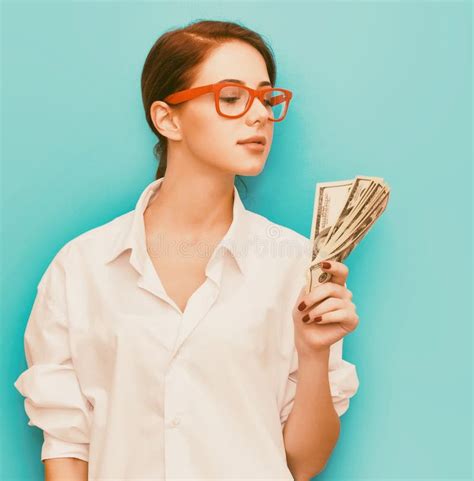 Portrait Of Redhead Woman In Red Glasses With Money Stock Image Image