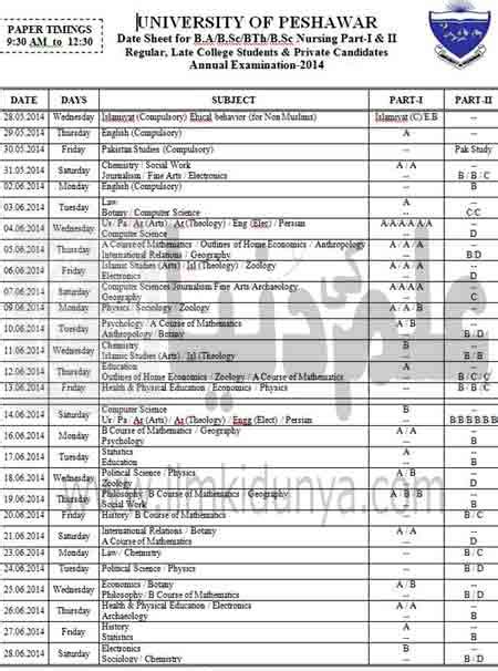 Peshawar University Uop Ba Date Sheet 2024