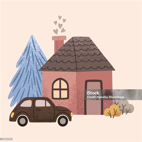 순진한 아이들의 스타일로 자동차 나무 크리스마스 트리 전나무 덤불이 있는 집 가을 색깔의 그림입니다 인사말 카드 초대장 인쇄물 스티커 및 패턴 디자인을 위한 클립아트 가을에
