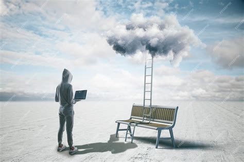 Premium Photo Hacker With Laptop And Ladder On Chair