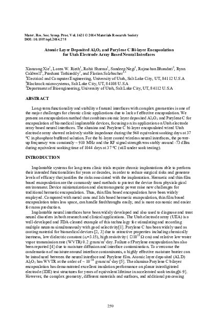 Pdf Atomic Layer Deposited Al2o3 And Parylene C Bi Layer Encapsulation For Utah Electrode