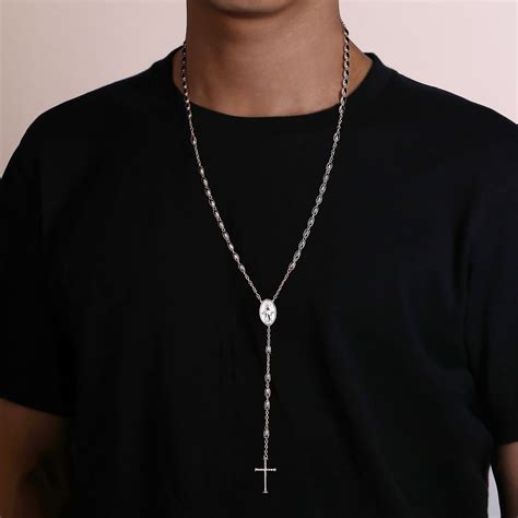 27 Inch 925 Sterling Silver Cross Rosary Solid Mens Link Chain