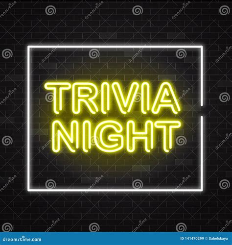 Trivia Night Yellow Neon Sign In White Frame On Dark Brick Wall Background Stock Vector