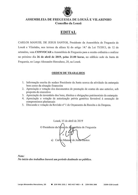 Edital Assembleia De Freguesia 26 De Abril De 2019 Freguesia De