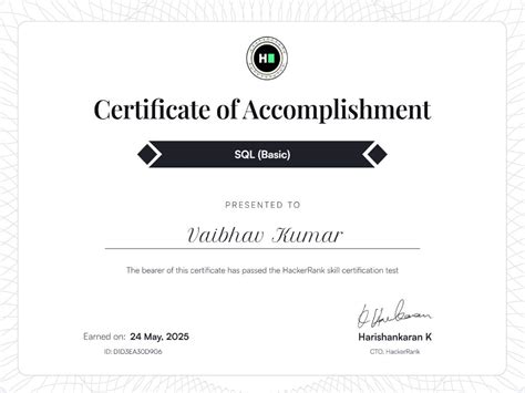 earned sql certification from hackerrank vaibhav kumar posted on the