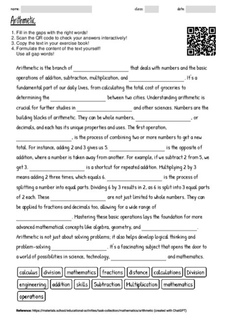 Worksheet With The Topic Arithmetic Materials School