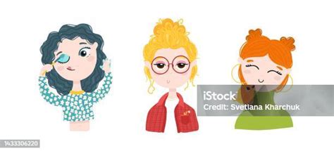 어린 소녀들 그녀는 새와 함께 안경을 쓰고 메이크업을합니다 간단한 만화 손으로 그린 스타일의 귀여운 세련된 캐릭터 흰색 배경에 화려한 팔레트에 벡터 고립 된 일러스트레이션