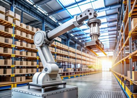 Automated Industrial Robot Arm Grasps Object In Modern Manufacturing