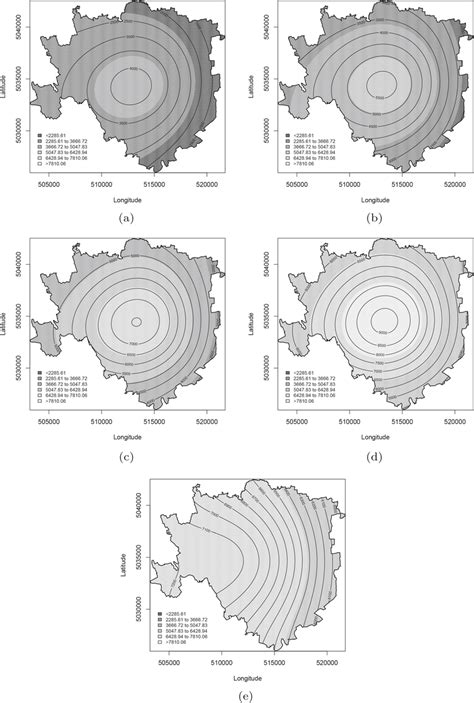 spatial spline effects at the five considered m quantiles a 0 10 b