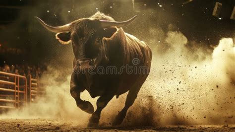 A Charging Bull In A Dimly Lit Arena Surrounded By Clouds Of Dust