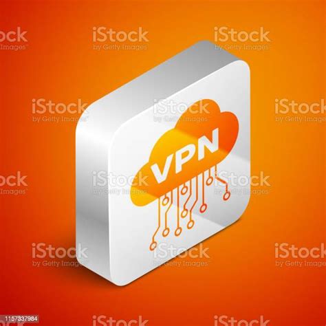 주황색 배경에 격리 된 아이소메트릭 클라우드 Vpn 인터페이스 아이콘 소프트웨어 통합 실버 스퀘어 버튼 벡터 일러스트레이션 0