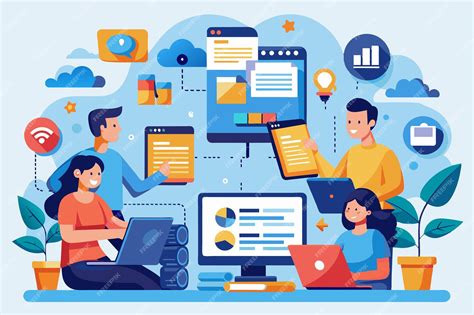 A Group Of Individuals Work Together Synchronizing Data Across Various Devices In A Bright